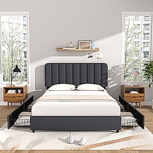 VECELO Queen Size Upholstered Bed Frame with 4 Drawers and Adjustable Headboard, Velvet Platform Storage Bedframe Mattress Foundation, Wooden Slats Support, No Box Spring Needed, Dark Grey