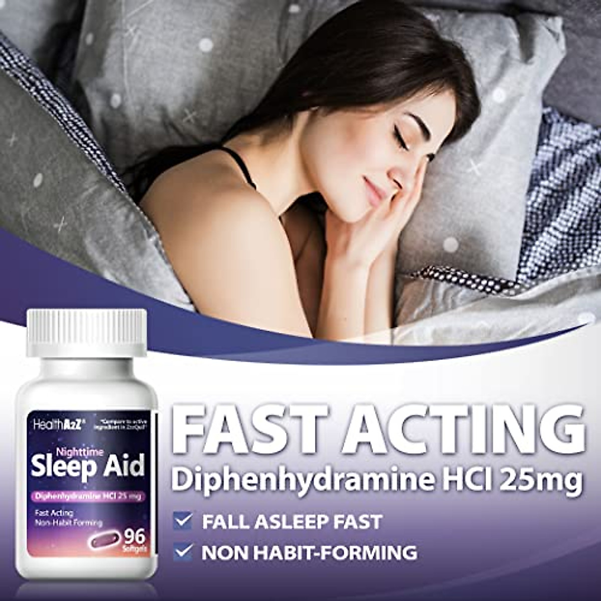 HealthA2Z Nighttime Sleep Aid 96 Softgels | Diphenhydramine HCl | Fast Acting | Non Habit-Forming | Adult Sleeplessness LiquiCaps