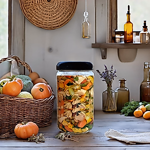 Mason Jars 32 oz Jars with Extra Wide Mouth Lids - Set of 2 Glass Storage Jars With Lids, BPA Free and Food Safe, Yogurt Jars With Lids, (2 Black Dome Plastic Lids)