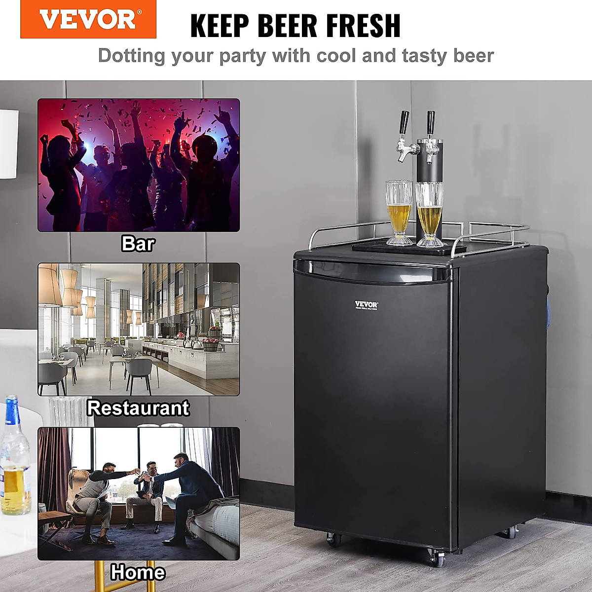 VEVOR Beer Kegerator, Dual Tap Draft Beer Dispenser, Full Size Keg Refrigerator With Shelves, CO2 Cylinder, Drip Tray & Rail, 32°F- 50°F Temperature Control, Holds 1/6, 1/4, 1/2 Barrels, 152L,Black