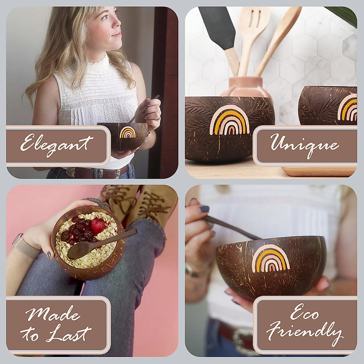 Coconut Bowls Set of 2 – Rainbow Design Wooden Bowls With Bamboo Straws, Wooden Forks & 2 Spoons – Natural Hand Carved Coconut Shell Bowl… (2, Rainbow)