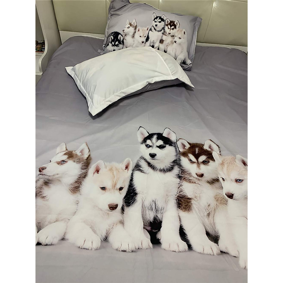 JF-107 3pcs Husky Babies 3D Digital Animal Print Bed Sheet Set Dogs Duvet Cover Set Grey Bedding Sets Twin Full Queen King Size, not Comforter (Twin)