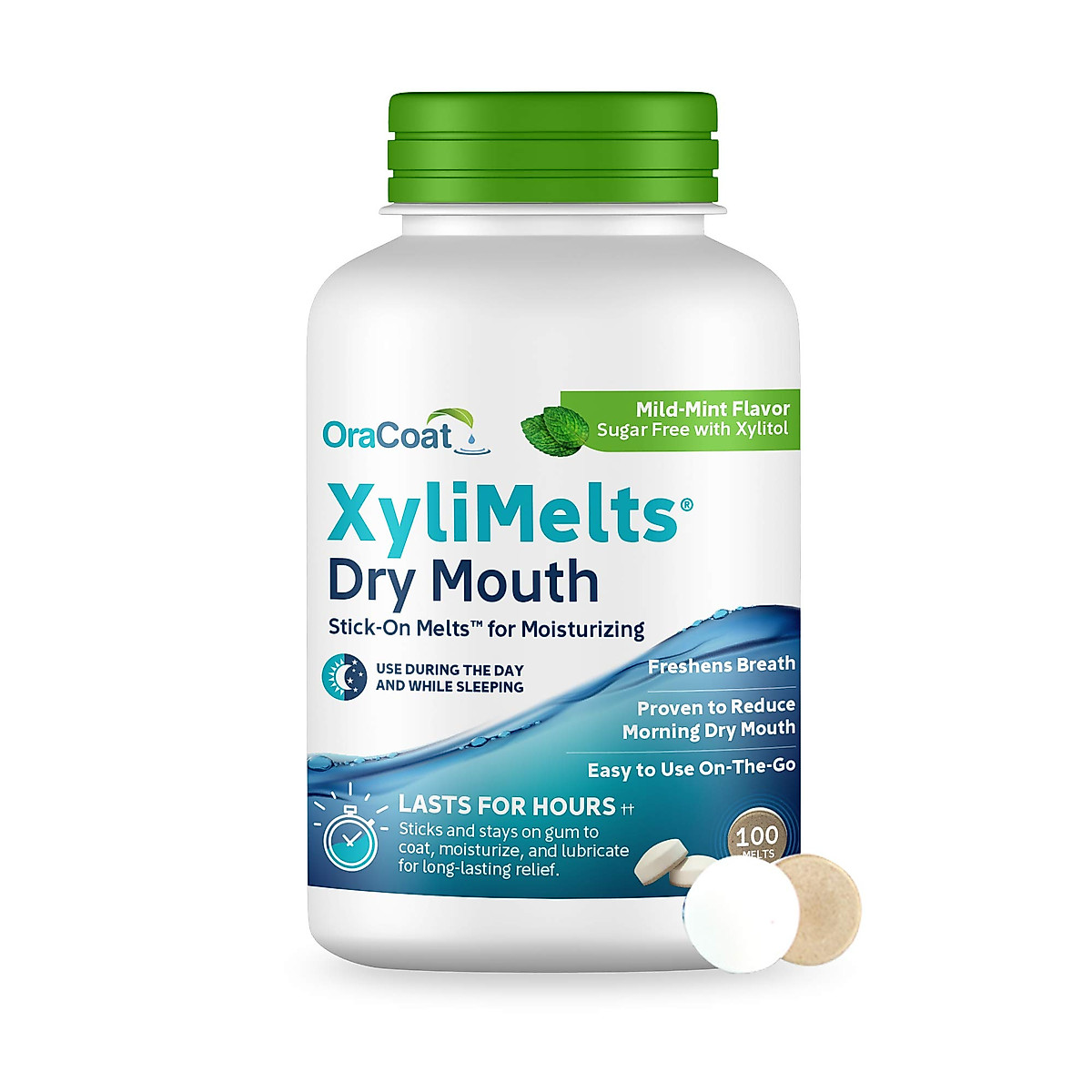 OraCoat XyliMelts Dry Mouth Relief Moisturizing Stick-On-Melts with Xylitol, 100 Count, Mild Mint, Help Stimulates Saliva for Dry Mouth, Non-Acidic, Day & Night Use, Time Release for Up to 8-Hour