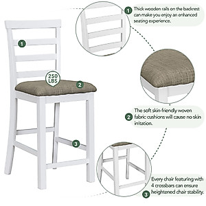 5-Piece Rustic Dining Table Set, Rubber Wood Counter Height Table with 4 Padded Chairs and Integrated 9 Bar Wine Compartment, Wineglass Holdersc for Dining Room Kitchen (Brown + White Wash-04)