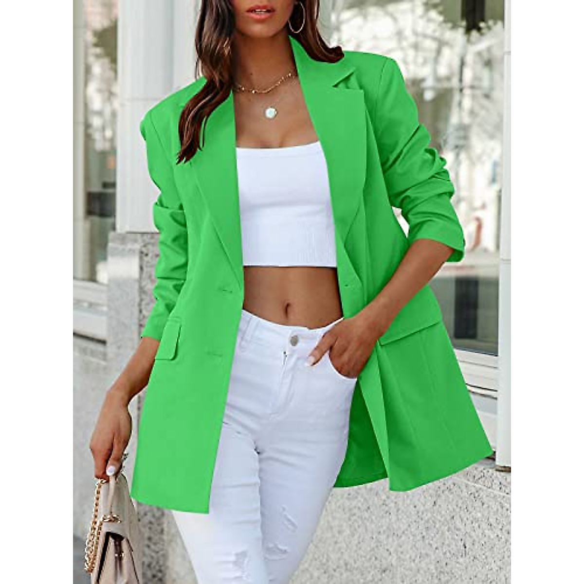 ANRABESS Women's Casual Button Long Sleeve Lapel Open Front Pad Shoulder Oversized Office Blazer Jacket Work Suit 638lvse-M Green