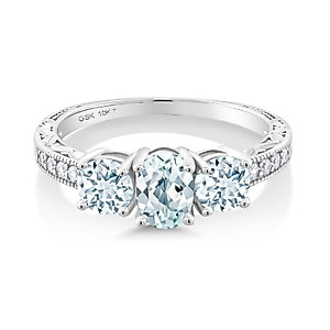 Gem Stone King 10K White Gold Sky Blue Aquamarine and White Lab Grown Diamond 3 Stone Engagement Ring For Women (1.79 Cttw, Oval Gemstone March Birthstone, Available in size 5, 6, 7, 8, 9)