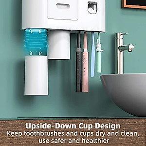 Toothbrush Holder Wall Mounted, Automatic Toothpaste Dispenser Squeezer Kit -Magnetic Toothbrush Holder for Bathroom and Vanity, 4 Brush Slots 2 Cups 1 Cosmetic Drawer1 Large Storage Tray by showgoca