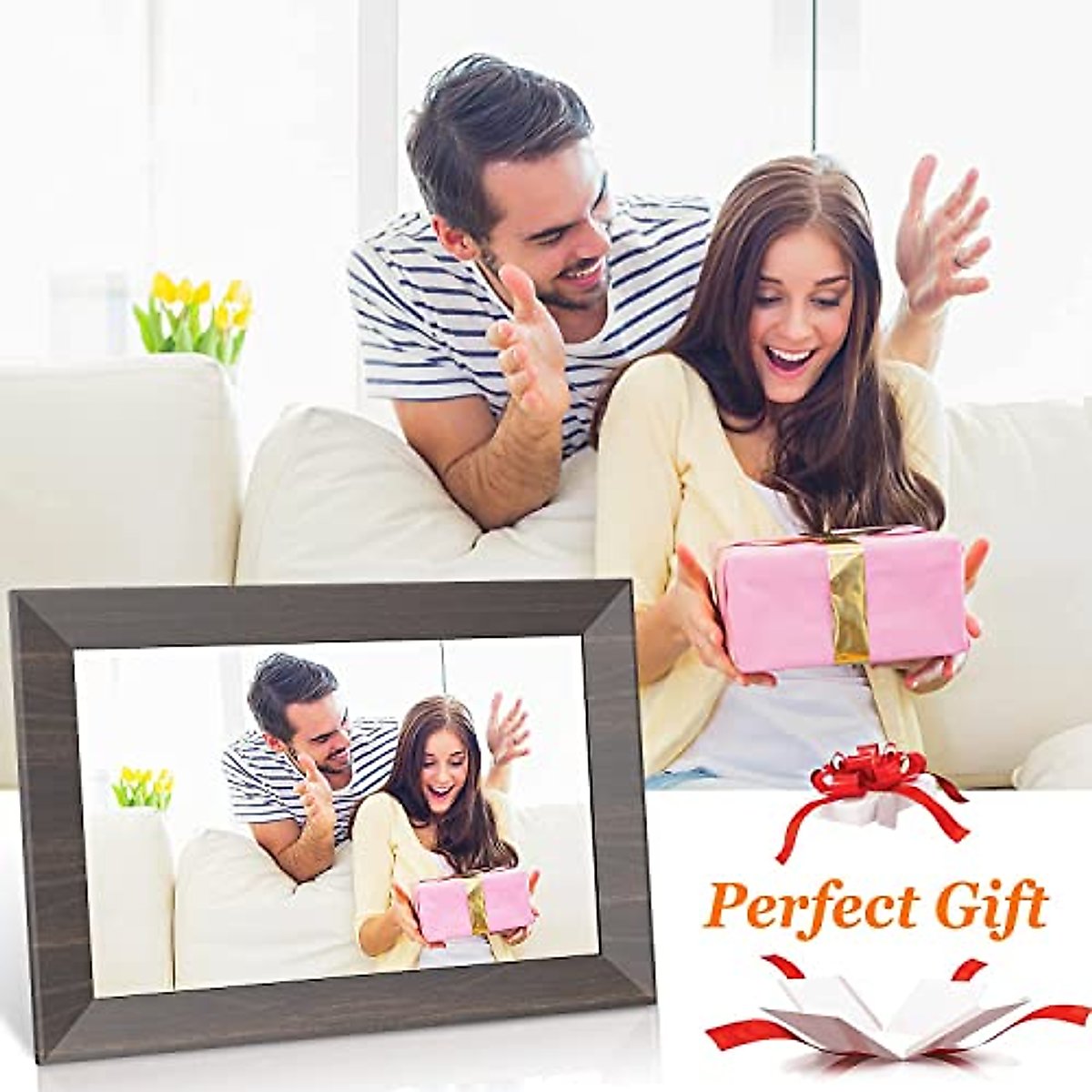 Digital Picture Frame 10.1 inch Frameo WiFi Digital Frame Electronic Picture Frame Wood Frames HD IPS 32GB Memory, Automatic Rotation Slide Show Adjustable Brightness, iOS and Android App
