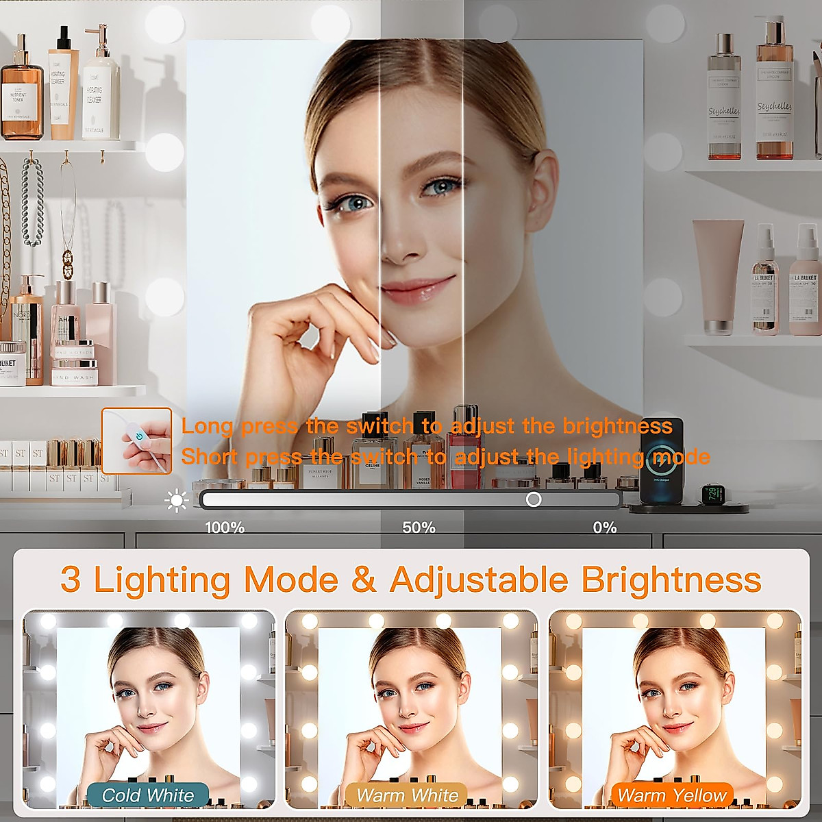 Quimoo Large Vanity Desk with LED Lighted Mirror & Power Outlet,Makeup Vanity Table with 7 Drawers,4 Shelves and 5 Hooks,Vanity Table, Vanity Desk Set for Bedroom,Bathroom,White