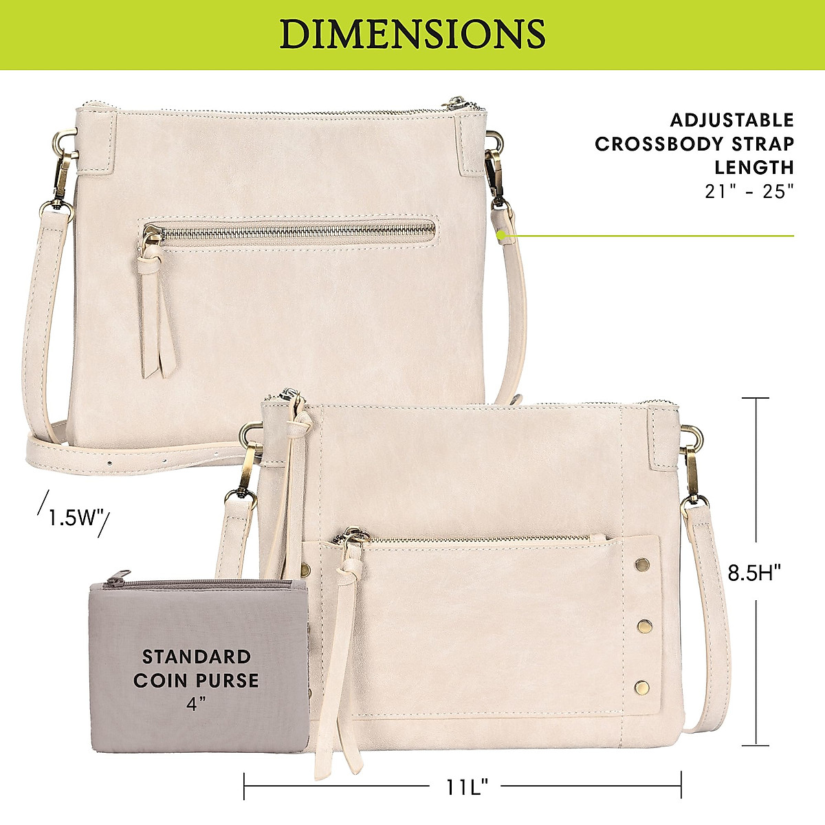 Antik Kraft The Savannah Crossbody Shoulder Bag - Bone | Vegan leather Crossbody Shoulder Bag | Shoulder Bag with removable crossbody strap 53-63 cm | 11in x 1.5in x 8.5in |