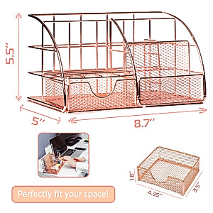 Rose Gold Desk Organizer for Women Cute Home Office Accessories & Supplies Decor, Girly Desktop Stationary Essentials Organization Set, Mesh Caddy Storage 5 Compartments +1 Mini Sliding Drawer