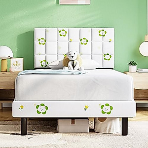 Molblly Twin Bed Frame Upholstered Platform with Velvet Headboard and Strong Wooden Slats, Non-Slip,No Box Spring Needed, Easy Assembly,White Green