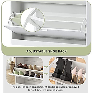 FridayParts Slim Entryway Organizer with 2 Flip Drawers, Tempered Glass Top Shoe Storage Cabinet with Drawer, Free Standing Shoe Rack with LED Light for Hallway, White