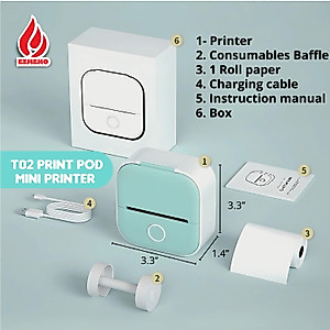 T02 Mini Printer, Portable Sticker Printer Efficiently and Quickly, Thermal Printer for Study Notes, Pictures, DIY, Label, Free App with Multiple Templates-for Android & iOS Green