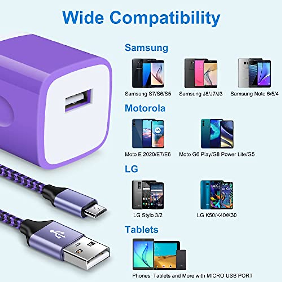 One Port Wall Charger Box, Micro USB Charging Plug, 6FT Android Phone Charger Cord Micro USB Cable for Motorola Moto G8 Power Lite/Moto G6 Play/G5S G5 G4,E/E 2020/E7 E6 E5 E4 E3, Moto Turbo X G C Plus