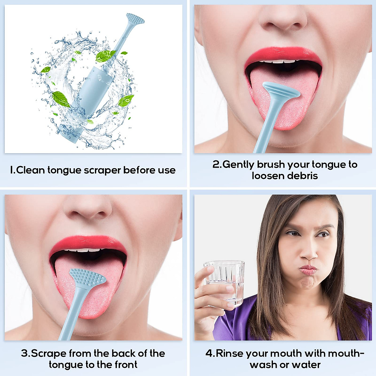 WISHFORU Double-Side Tongue Scraper, Tongue Brush and Cleaner for Men and Women- 4 Pack