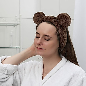 Huachi Spa Headbands for Women Girls Face Washing Makeup Cute Bear Ears Hair Bands Korean Elastic Fluffy Beauty Accessories, Brown