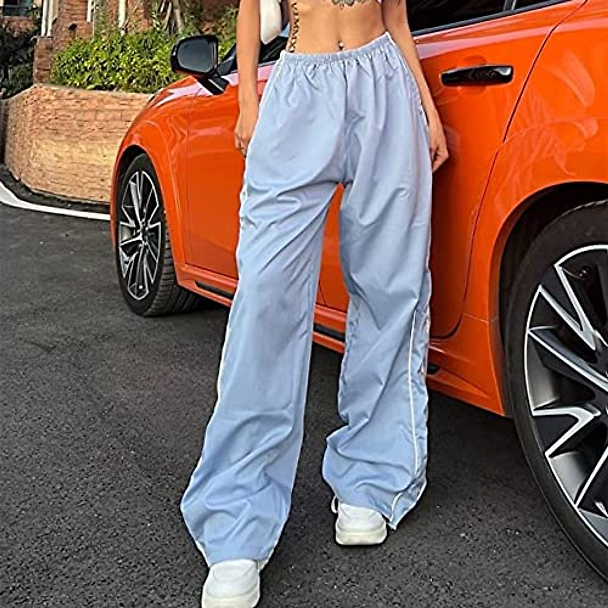 Xeyine Women's Y2K Baggy Wide Leg Parachute Pants Street Sports Style Cargo Workwear (Blue-L)