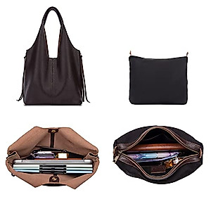 Women genuine leather hobo handbag: large capacity shopping bag tote shoulder purse coffee