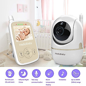 HelloBaby Video Monitor with Remote PTZ Camera, Video Baby Monitor with Audio Sensor, 2-Way Communication,Auto Night Vision,Digital Zoom,Room Temperature Monitoring