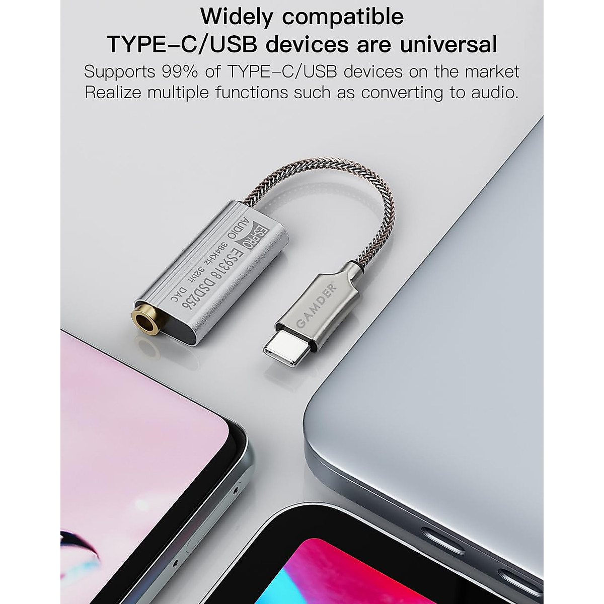 GAMDER USB Type C to 3.5mm DSD256 Hi-Fi Audio Chip Decoder 32bit 384kHz Headphone Amplifier Adapter DAC for Android Phone Mac Windows 10 （ES9318 Chip)