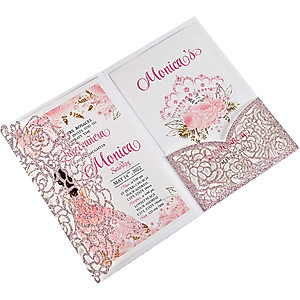DreamBuilt 4.7x7 inch 50PCS Blank Rose Gold Glitter Quinceanera Invitations Kit, Laser Cut Hollow Rose Quinceanera Invitation Cards with Envelopes