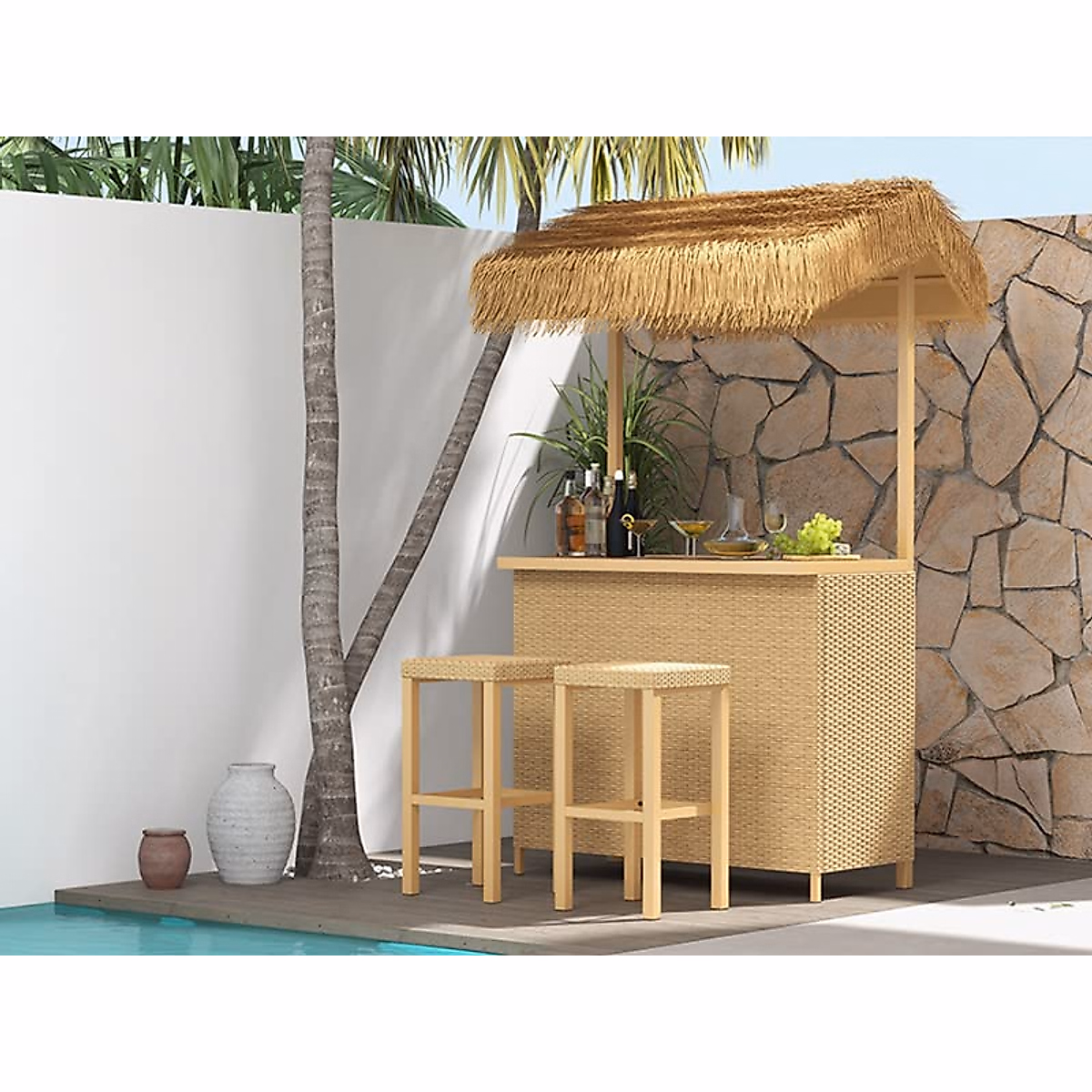 Grand patio 2 Piece Outdoor Tropical Paradise Tiki Bars Stools, Phuket Islander Tiki Bar 2 Stools for Garden Patio, Natural