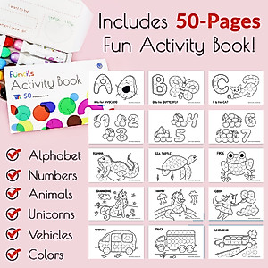 Funcils 10 Washable Dot Markers for Toddlers - Non Toxic Paint Dotters & Bingo Markers - Dot Markers for Kids & Preschoolers | Dabber Markers for Kids | Fun Dot Art Supplies with 50 Activity Sheets