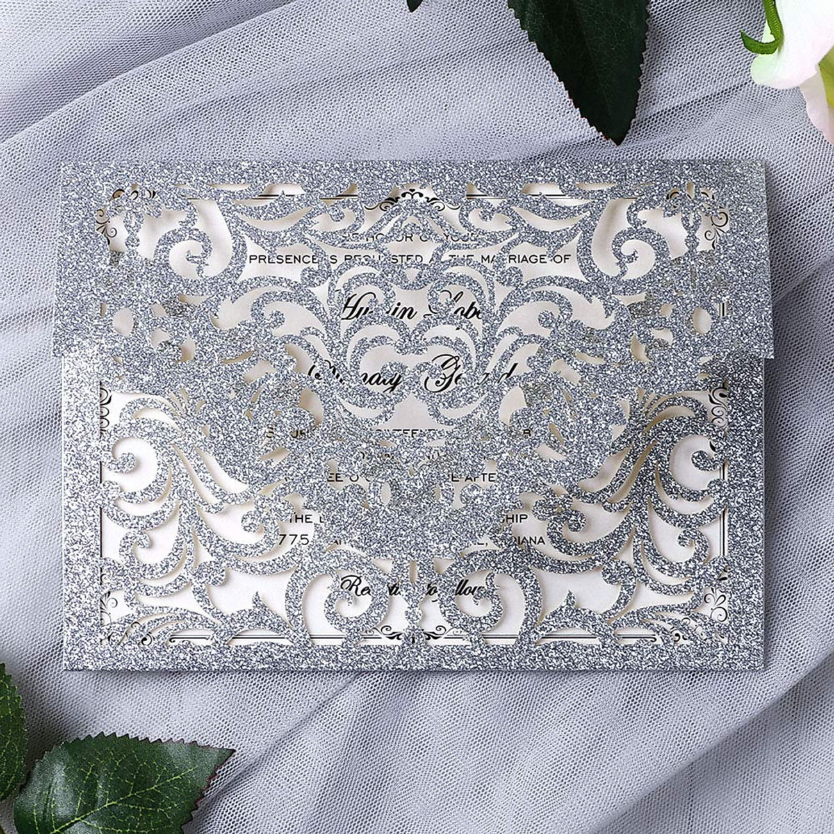 YIMIL 20 Pcs Laser Cut Wedding Invitation Card with Envelope for Wedding Quinceanera Bridal Shower Baby Shower Party Invite (Silver Glitter)