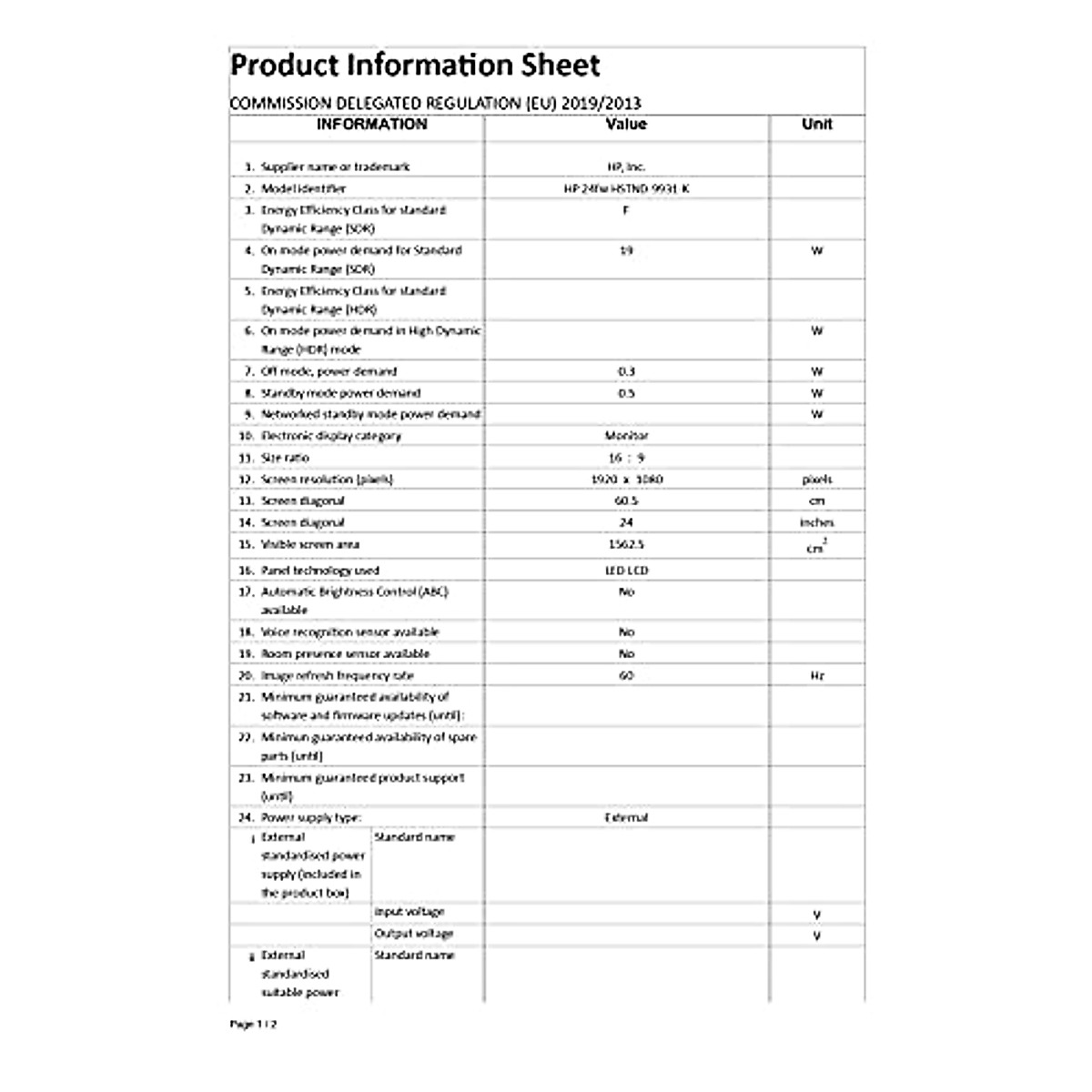 HP 24" LED (HDMI, VGA) 24FW