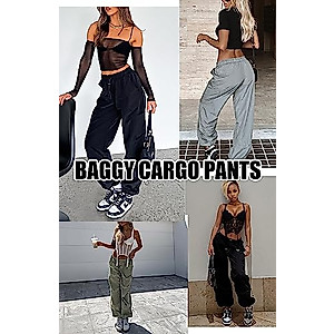 DISCIPBUSH Cargo Pants Women Baggy - Parachute Pants for Women Trendy, Womens Cargo Pants Y2K Pants, Baggy Pants Women, Streetwear Women Cargo Pants for Girls' Fashion, Khaki Pants for Women L