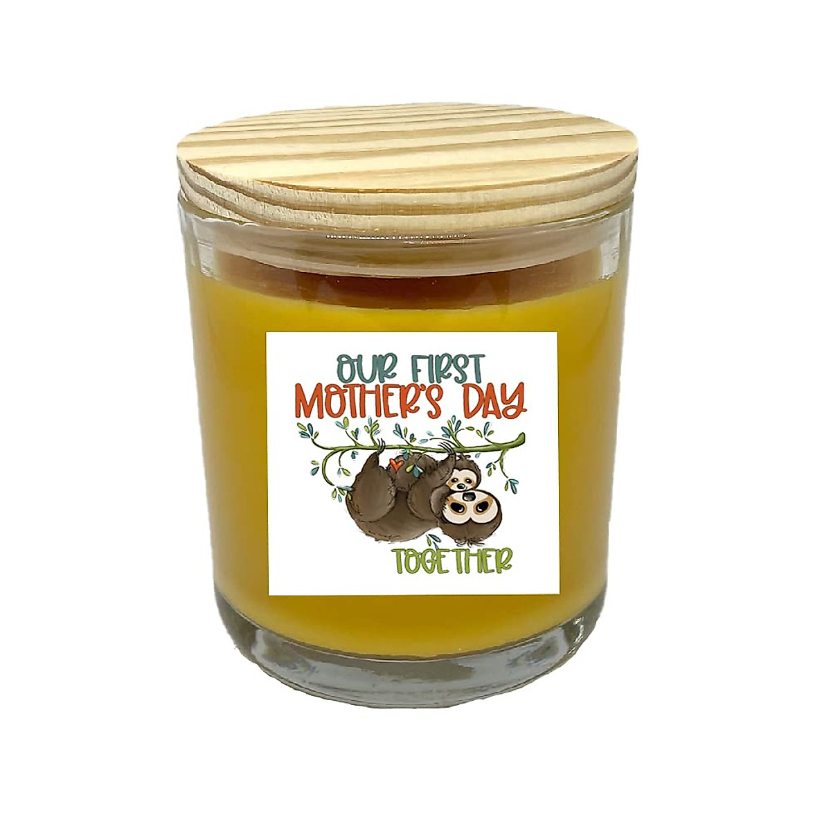 Our First Mother's Day Together Candle with A Mom and Baby Sloth Design 14oz Scented Glass Candle with Wood Lid