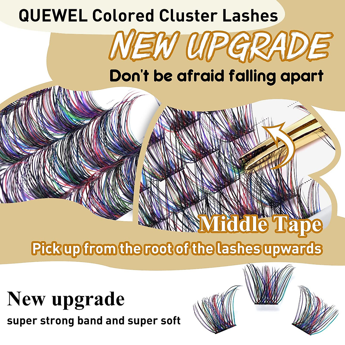 QUEWEL Cluster Lashes 72 Pcs Wide Stem Colored Eyelash Clusters Mixed Colors Lashes Clusters+ C/D Curl 8-16mm Length DIY Eyelash Extension False Eyelashes Natural&Mega Styles