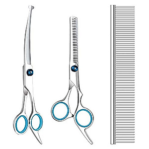 Maxshop Dog Grooming Scissors with Safety Round Tips, Heavy Duty Titanium Pet Grooming Trimmer Kit, Professional Thinning Shears, Curved Scissors with Comb for Dogs and Cats (Set of 3)