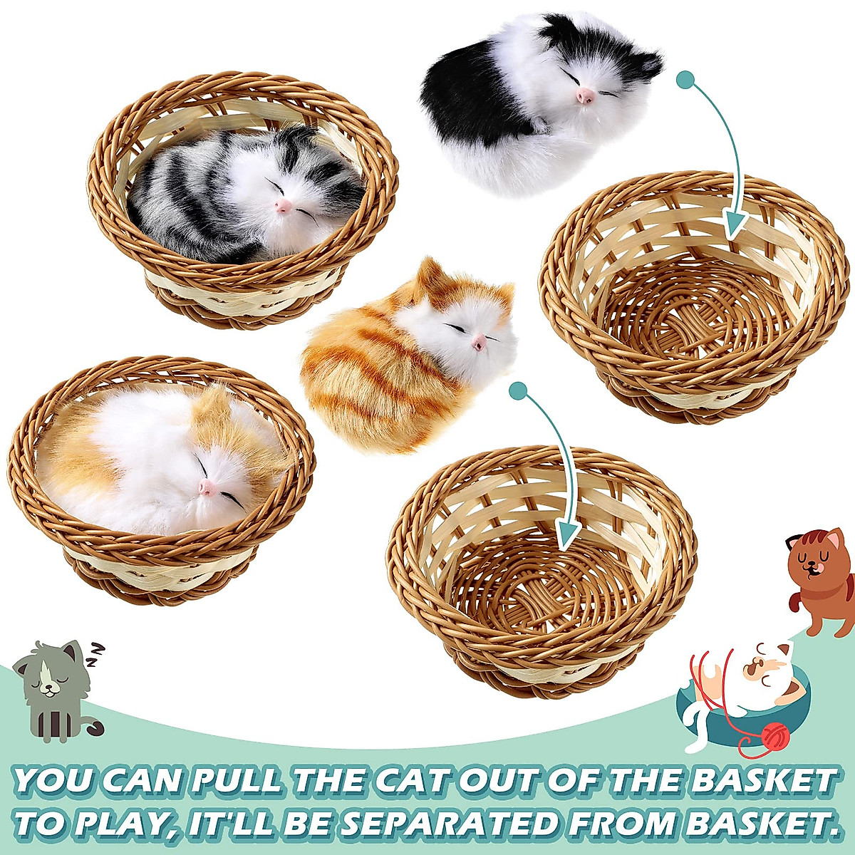 Civaner 4 Pcs Sleeping Cat in Basket Doll Toy Lovely Mini Kitten in Woven Realistic Fake Fluffy Hand Gift Plush Stuffed Decor with Meows Sounds for Office Desk Boys Girls