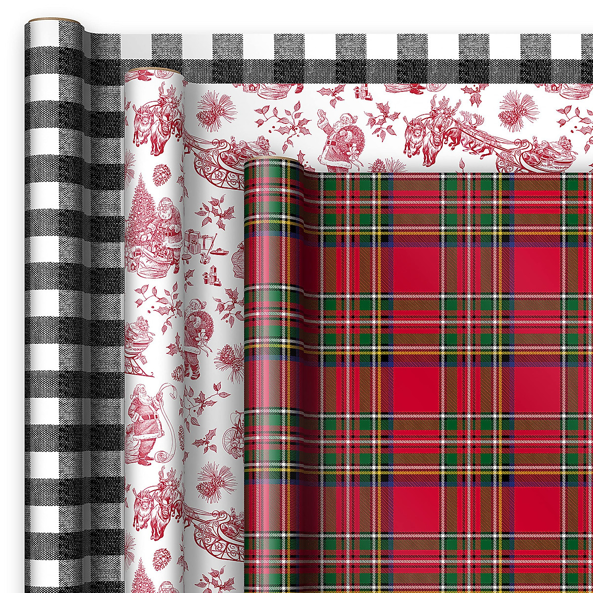 Hallmark Holiday Wrapping Paper with Cutlines and Optional DIY Bow Templates on Reverse (3 Rolls: 120 Sq. Ft. Ttl) Red Toile, Black and White Buffalo Check, Christmas Plaid