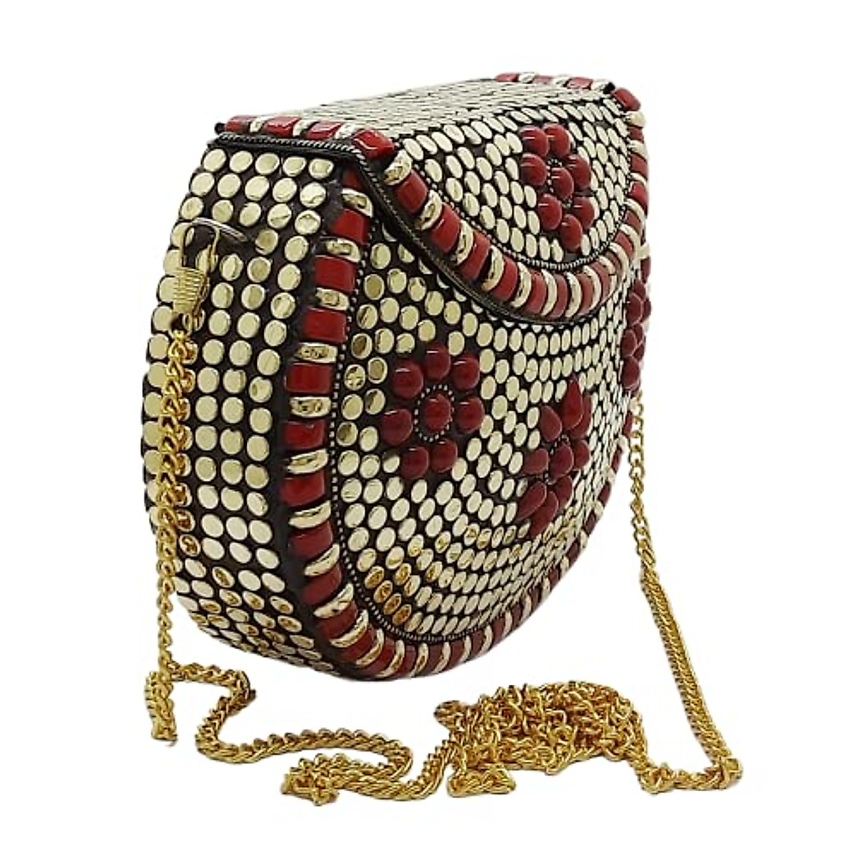 Trend Overseas Multicolor Acrylic Stone Golden metal Bead Clutch Girls Bridal Bag for women/Girl party clutch, Acrylic Red