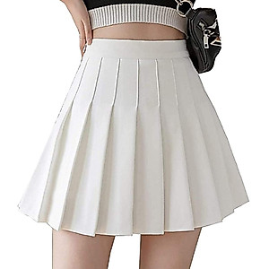 Girls Women’s High Waisted Pleated Skater Tennis Skirt School Uniform Skirts with Lining Shorts(Solid White,M)