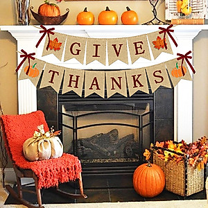 Give Thanks Burlap Banners Thanksgiving Decorations | Rustic Thanksgiving Turkey Pumpkin Burlap Garland | Thanksgiving Day Party Supplies - 2 Strings, NO DIY Fireplace Mantle Home Decoration