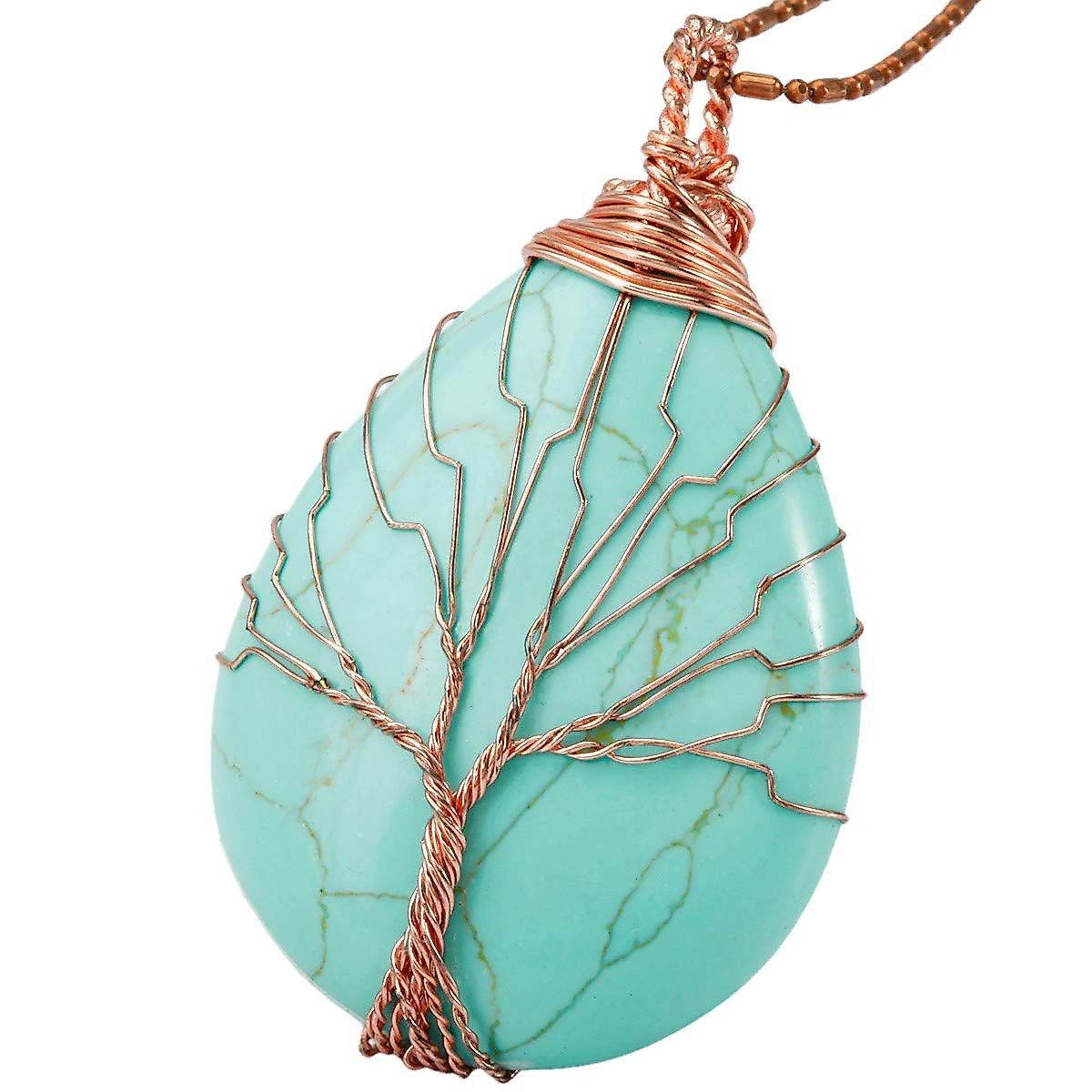SUNYIK Green Howlite Turquoise Teardrop Pendant Necklace,Handmade Copper Wire Wrapped Jewelry