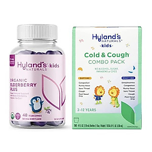 Hyland's Naturals Kids Organic Elderberry Plus Gummies + 4Kids Cold & Cough, Daytime (4 fl. oz.) & Nighttime (4 fl. oz.) Value Pack, Cough Syrup - 48 Vegan Kids Gummies + 8oz. Cold & Cough Syrup
