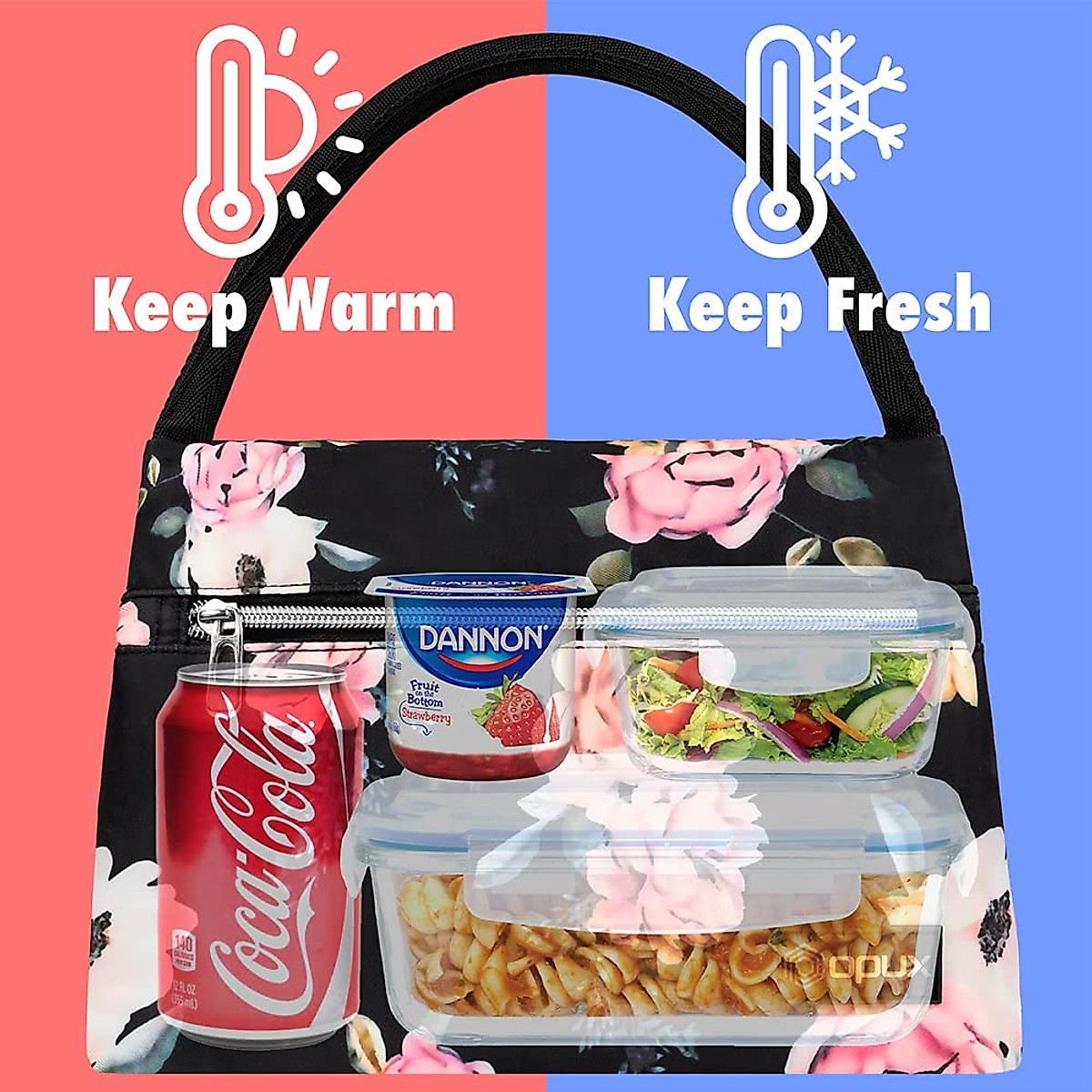 opux Lunch Box for Women, Insulated Lunch Bag Girls School Kids Teens, Cute Small Soft Cooler Tote for Women Adult Work Office, Reusable Medium Lunch Purse Pail, Floral Rose