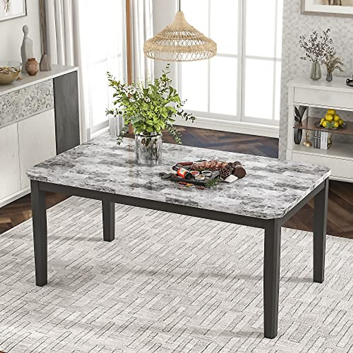 DHHU Furniture, 7-Piece Dining 1 Faux Marble Top Upholstered-Seats, Kitchen Table Set for 6, Black