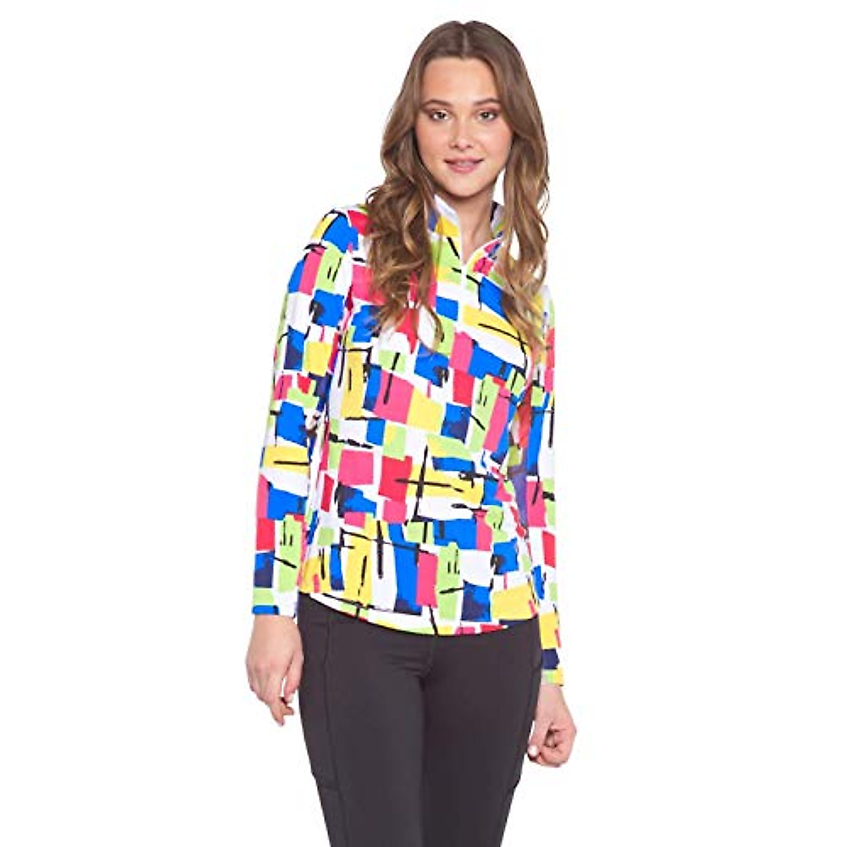 IBKUL Women’s Sun Protective UPF50+ Icefil tech Mondrian Print Long Sleeve Mock Neck Top - 10854 Multi Mondrian M