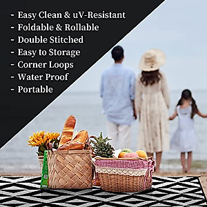 GARTOL Waterproof Indoor Outdoor Rug, Reversible Modern Area Rug Mats, Geometric Triangle Pattern Plastic Straw Rug for RV, Patio, Backyard, Pool Deck, Picnic, Beach, Camping (5' x 8', Black & White)