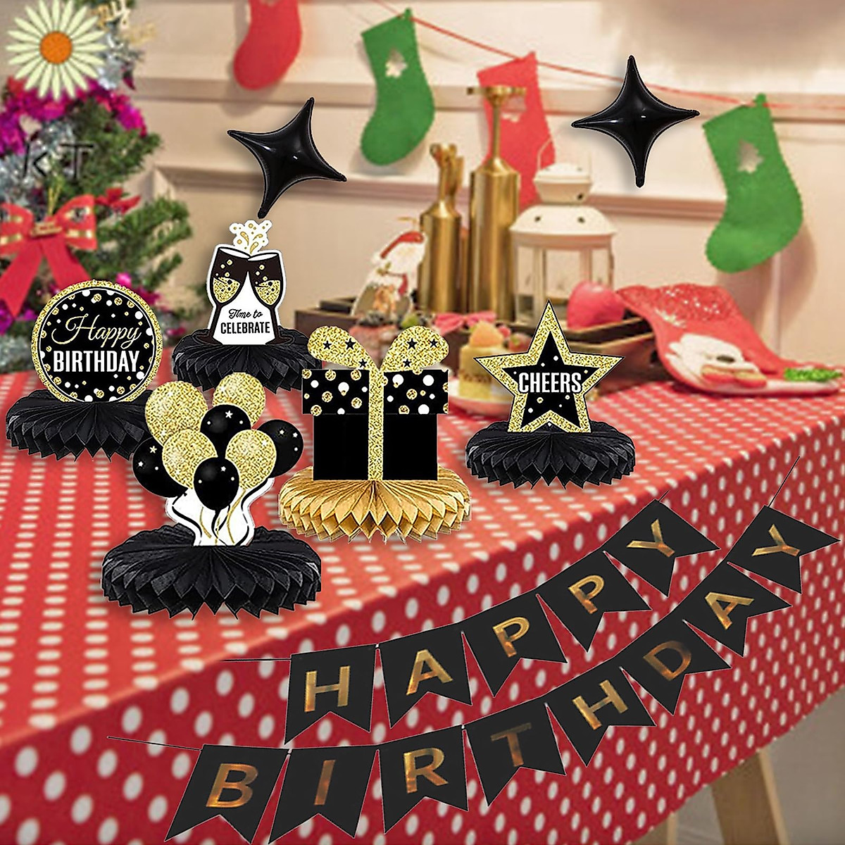 ZJDHPTY Black and Gold Birthday Decorations Happy Birthday Banner Centerpiece Table Decorations (Black and gold)