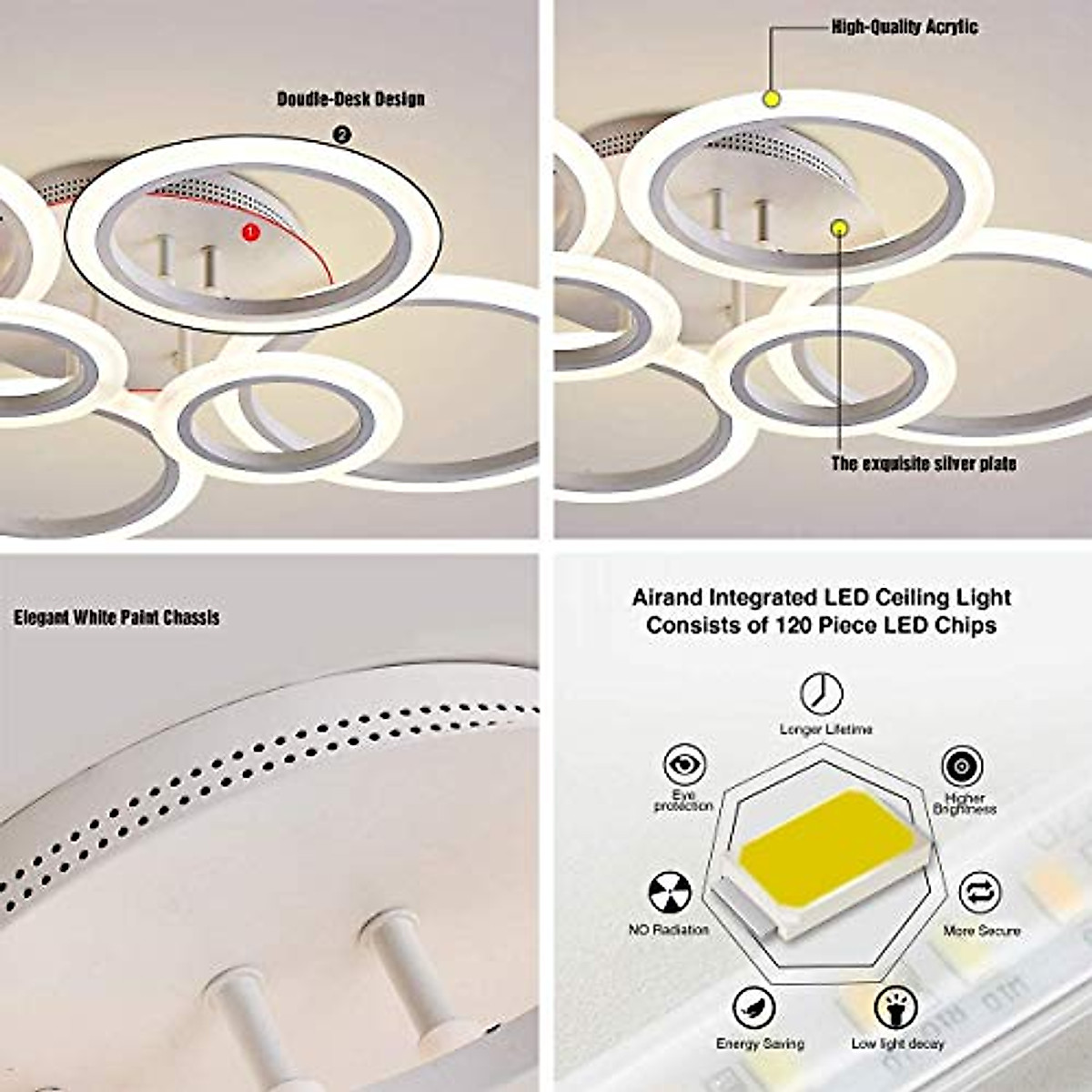 OUQI LED Ceiling Light,Vander Life 72W LED Ceiling Lamp 6400LM White 6 Rings Lighting Fixture for Living Room,Bedroom,Dining Room,Dimmable Remote Control,3 Color