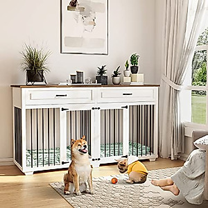 PIAOMTIEE Dog Crate Furniture, 72.4 Inch Wooden Dog Kennel, Modern Decorative Dog Crate End Table, Dog House with Double Doors, Drawers, Divider, Indoor Dog Cage for Large Medium Dogs, White