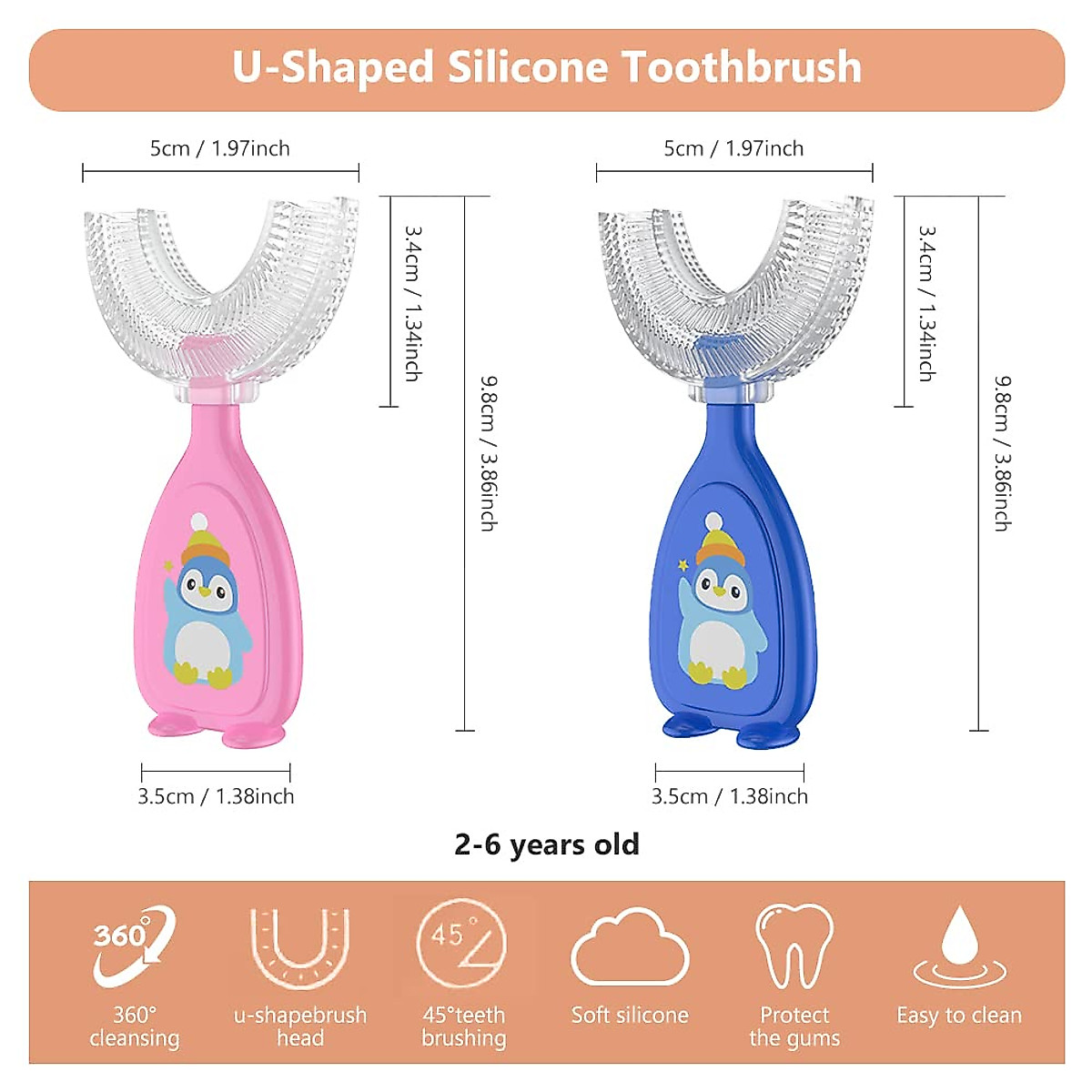 Kdgtebo 2 PCS U Shaped Toothbrush,Kids Toothbrushes,Kids U Shaped Toothbrush,U Shape Kids Manual Toothbrush,360 Kids U-Shaped Toothbrush,Soft Silicone Brush Head,Design for Toddler Toothbrush Age 2-6
