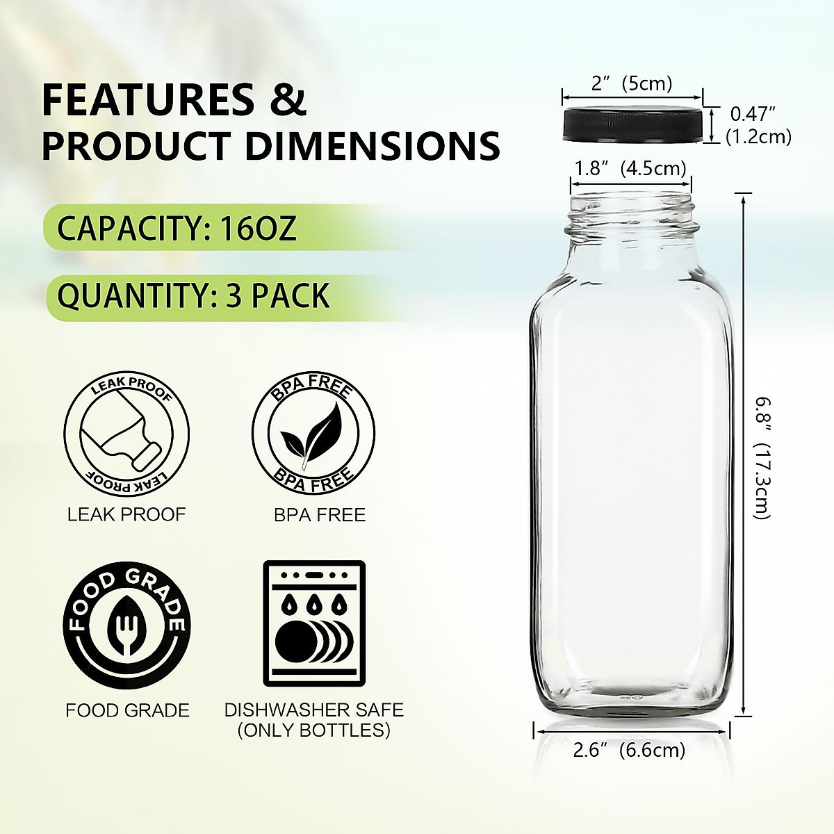 LEVGSAK 3 Pack 16 oz Glass Juice Bottles with Lids,Reusable Glass Drinking Bottles,Clear Water Bottles Drinking Jars for Juicing,Smoothies,Water,Milk,Kombucha Storage,Wellness